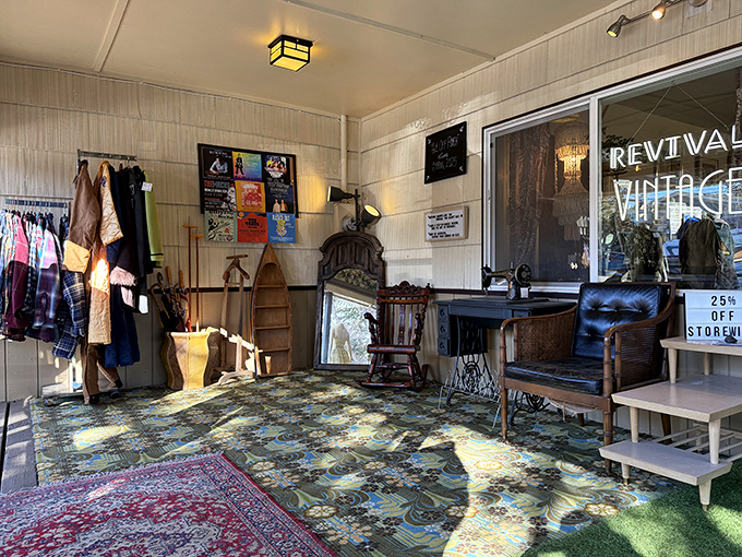 Sunlight streams through windows onto vintage furniture vignettes that whisper, "Your living room could look this interesting."