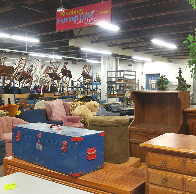 Furniture island&mdash;where that perfect mid-century side table hides between a blue trunk with character and yesterday's living room centerpieces.