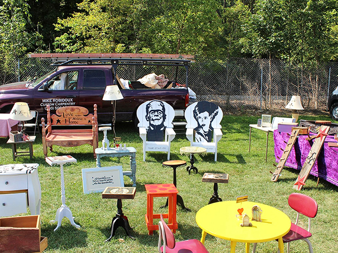 Monster movie icons grin from handcrafted lawn chairs that scream conversation piece. Frankenstein would surely approve of this quirky afterlife as backyard furniture for horror fans.