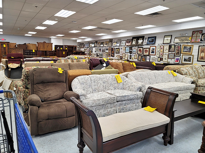 Furniture arranged like a time-traveling showroom where Mad Men meets modern-day markdown madness in the best possible way.