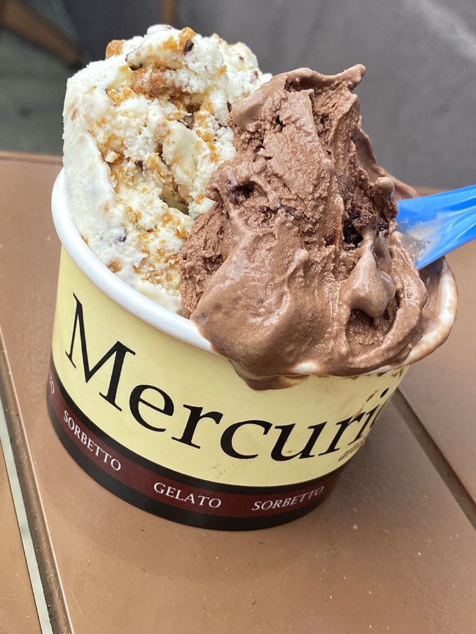 Two scoops of heaven in one cup. This gelato combination proves that chocolate and whatever that other flavor is were destined to be together.