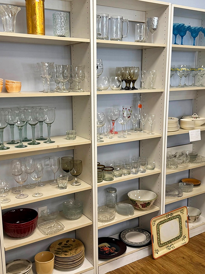 Glassware galore! From everyday tumblers to "company's coming" crystal, these shelves hold everything needed for your next dinner party or impromptu happy hour.