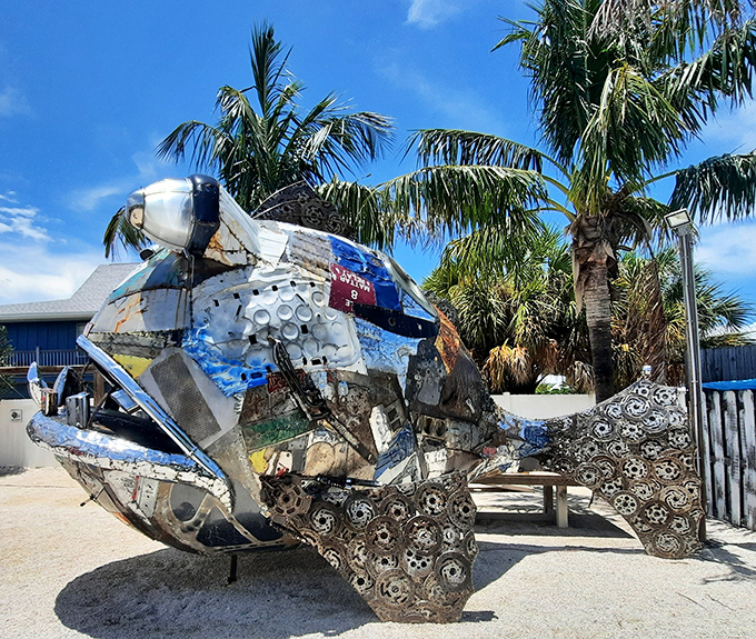 Part sculpture, part statement piece, this metallic grouper art installation proves that "ugly" can indeed be absolutely magnificent when reimagined creatively.