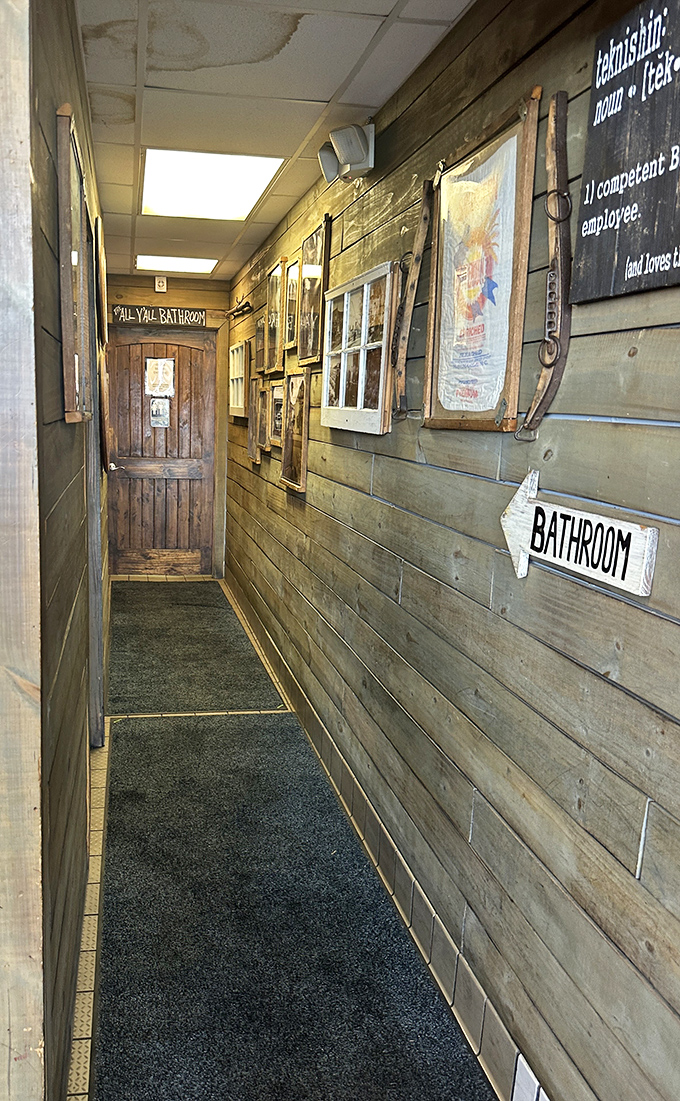 Even the path to the restroom maintains the rustic charm. At a true BBQ joint, there are no design inconsistencies&mdash;just commitment to theme.