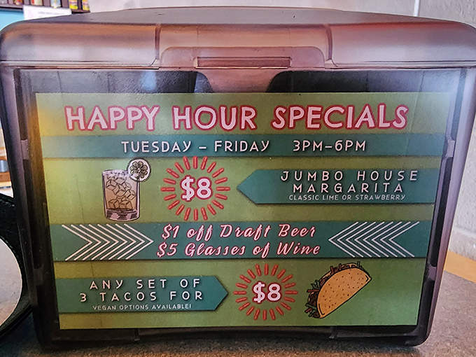 Happy hour heaven! Three tacos for $8 and jumbo margaritas? This isn't just a deal &ndash; it's practically a public service.