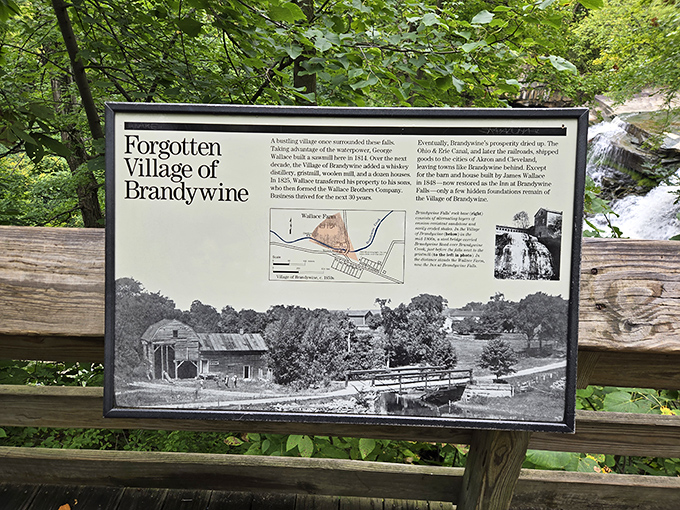 The "Forgotten Village of Brandywine" sign tells tales of a bygone era. History doesn't disappear here&mdash;it just changes form, like the water itself.