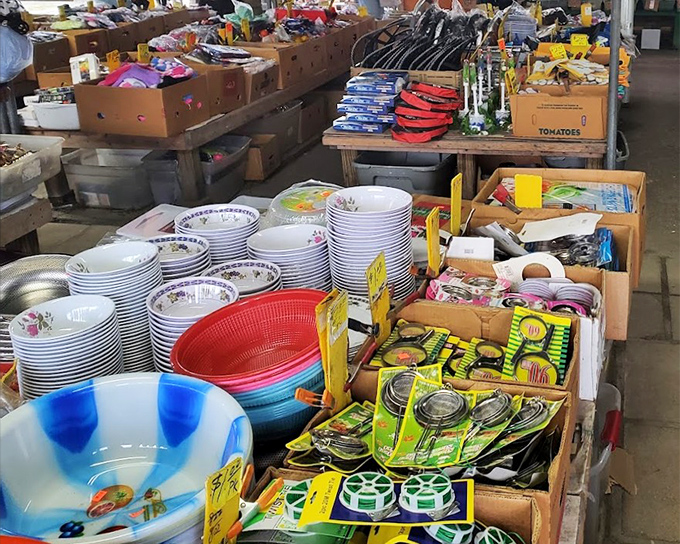 Household goods stacked with cheerful disorder—where else might you find vintage Pyrex beside brand new kitchen gadgets?