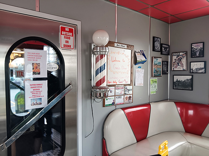 The classic barber pole and "No Outside Food" sign remind you this isn't just a restaurant &ndash; it's a carefully preserved slice of Americana.