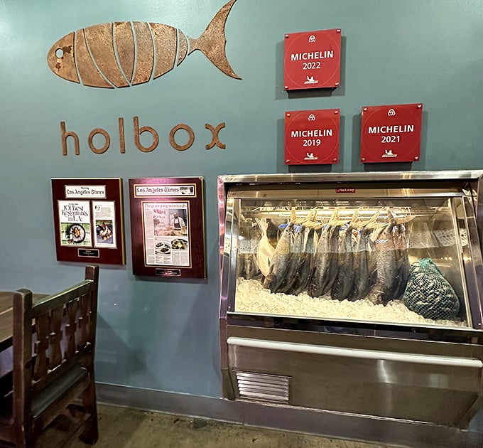 Multiple Michelin recognitions adorn the wall beside the wooden fish logo, proving that extraordinary food can swim in casual waters.