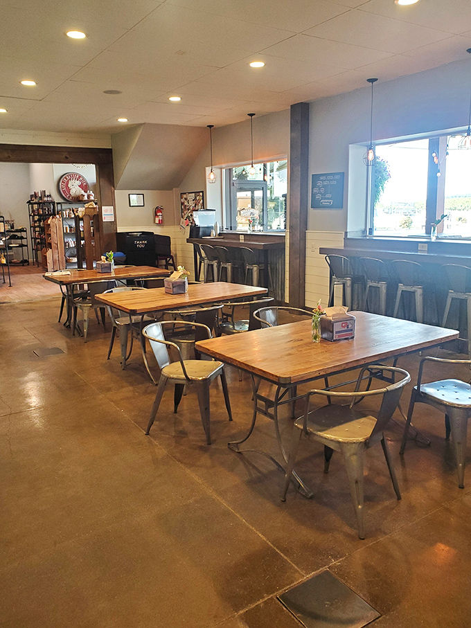 Modern farmhouse vibes with industrial touches create a space where you'll want to linger long after your plate is clean.