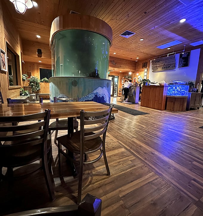 The warm wooden interior creates an atmosphere that's both upscale and relaxed. Like a beach house that happens to serve world-class seafood.