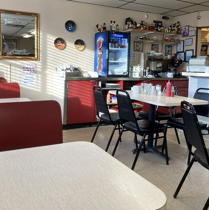 Red booths and simple tables create that perfect diner atmosphere where conversations flow as freely as the coffee refills.