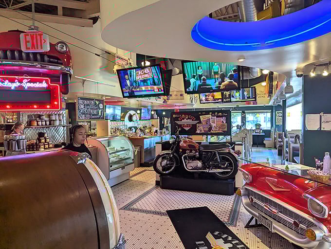 Where vintage meets vinyl in a neon-lit wonderland. This isn't just dining&mdash;it's dinner theater with motorcycles and memorabilia playing supporting roles.
