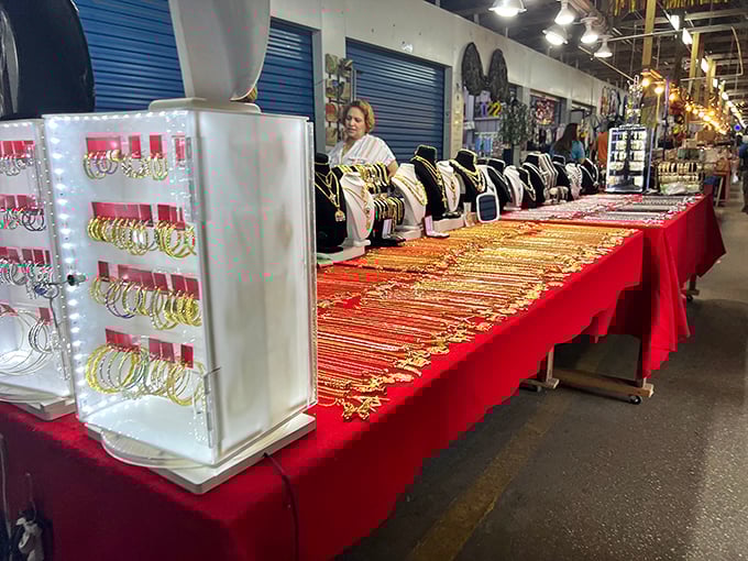 Gold glitters under fluorescent lights as shoppers hunt for that perfect piece. Jewelry shopping without the intimidation factor.