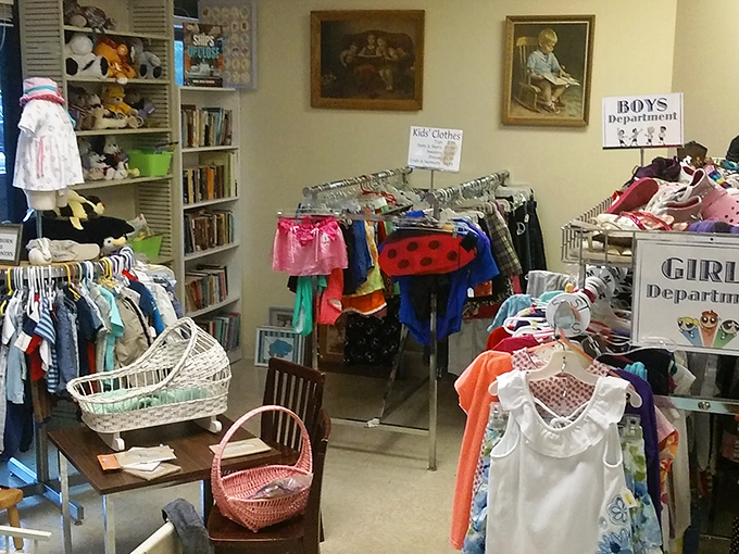 The children's section overflows with tiny treasures, from Sunday best to playground-ready finds.