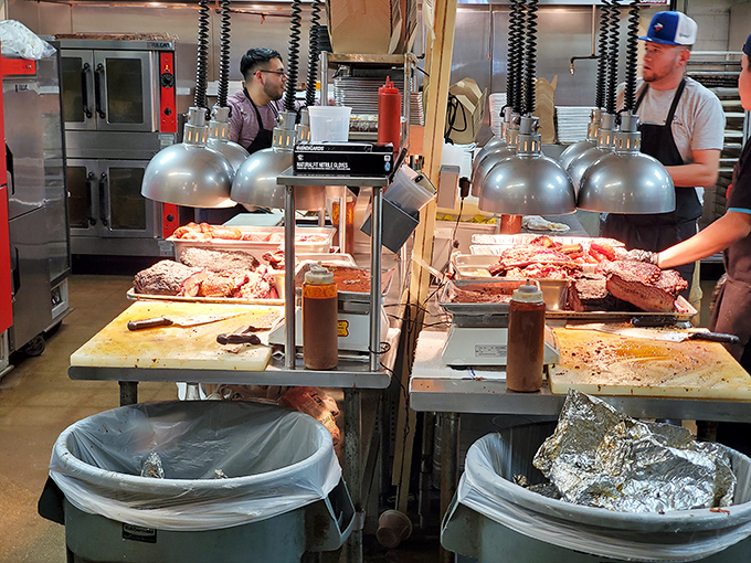 Behind the scenes, where BBQ magic happens. Those heat lamps aren't for warmth&mdash;they're spotlights for the stars of the show.
