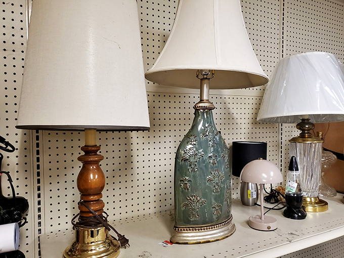 Lamp shopping at AMVETS is illuminating in more ways than one. That turquoise ceramic beauty could be the conversation piece your living room's been missing.