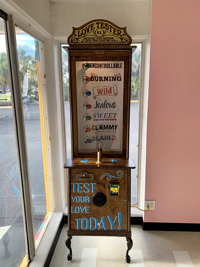 The vintage love tester machine stands ready to measure your passion, though after tasting their ice cream, "uncontrollable" is the only reading you'll get.