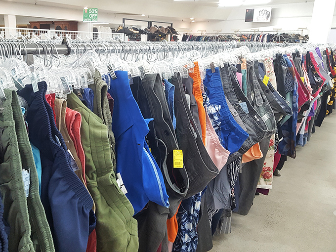 The men's section offers everything from business casual to weekend wear, all priced less than your morning latte habit.