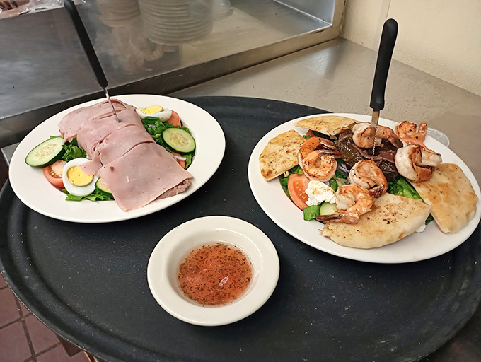 A tale of two plates: one path leads to ham, the other to shrimp. Both journeys end in satisfaction.