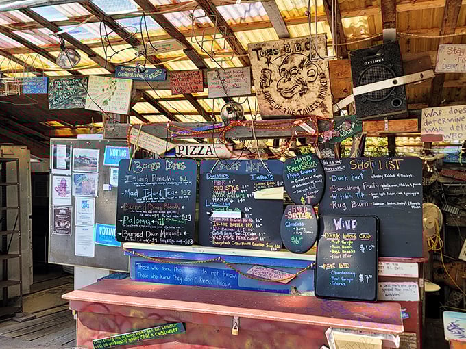 Order here, but read everything first! The chalkboard menus compete with witty signs and philosophical musings for your attention.