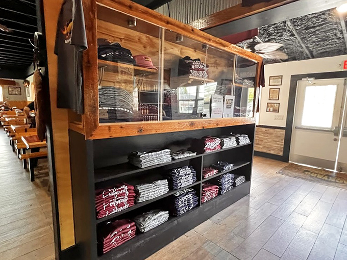 The merch display—where barbecue fans can take home a souvenir that won't disappear as quickly as those ribs did. T-shirt calories don't count!