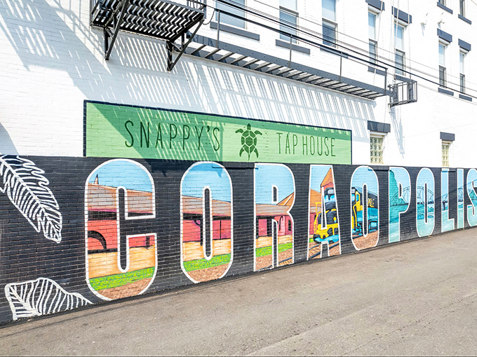 Snappy's Tap House mural celebrates Coraopolis in bold letters that practically shout "small town pride" to everyone passing by.