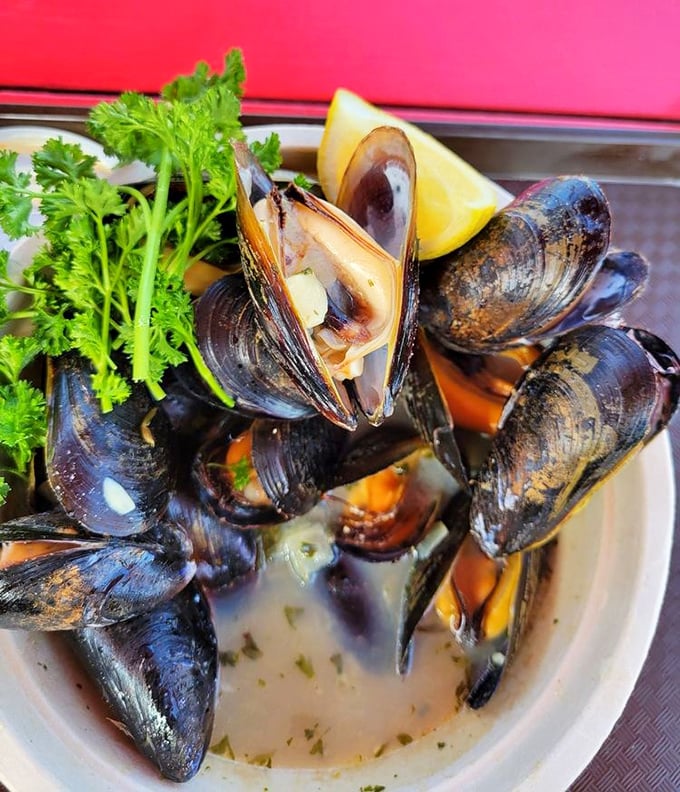 These mussels have retired to a bath of garlic butter sauce. If shellfish could choose their final destination, this would be it.