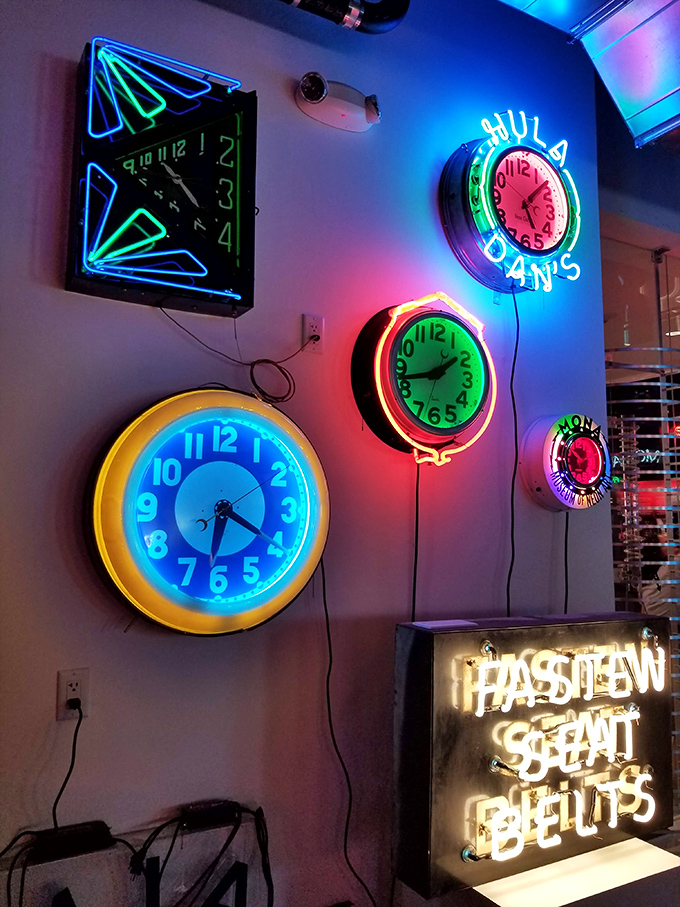 Time literally glows differently here, with these luminous clocks suggesting it's always happy hour somewhere in the neon universe.