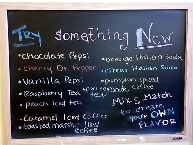 The chalkboard of beverage possibilities reads like a mad scientist's delicious experiments. Toasted marshmallow coffee? Yes, please!