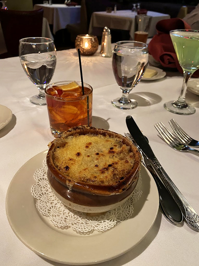 French onion soup that's worth the inevitable string of cheese stretching from bowl to chin &ndash; a small price to pay for comfort in a crock.