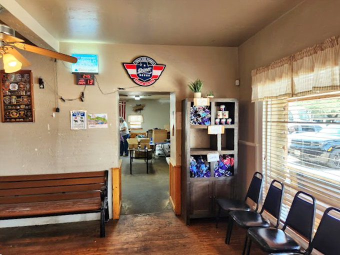 The waiting area speaks volumes &ndash; simple benches where hungry pilgrims gather before embarking on their chicken fried steak journey. 