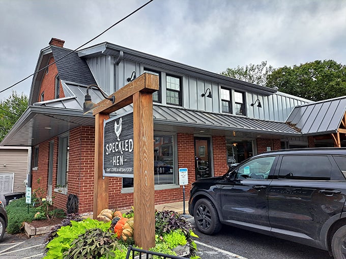 Even on cloudy days, Speckled Hen's charming exterior beckons breakfast enthusiasts with its rustic wooden sign and inviting brick fa&ccedil;ade.