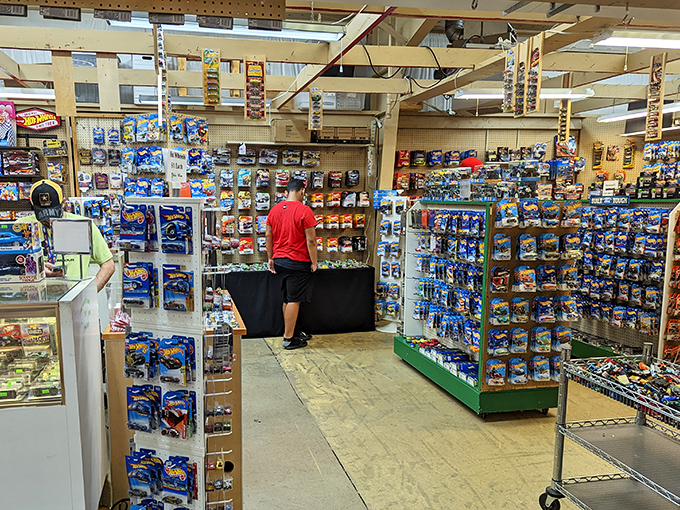 Die-cast cars line the shelves like a miniature automotive museum, where collectors can find everything from muscle cars to movie replicas.