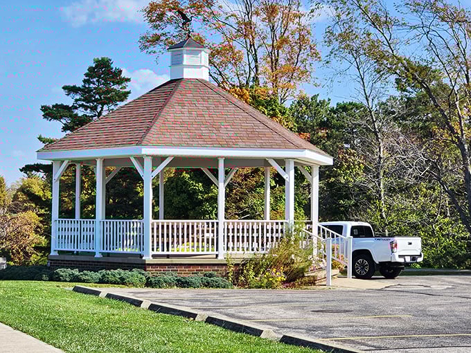 The park's charming gazebo offers shelter from summer sun and a picture-perfect backdrop for family photos or quiet contemplation.