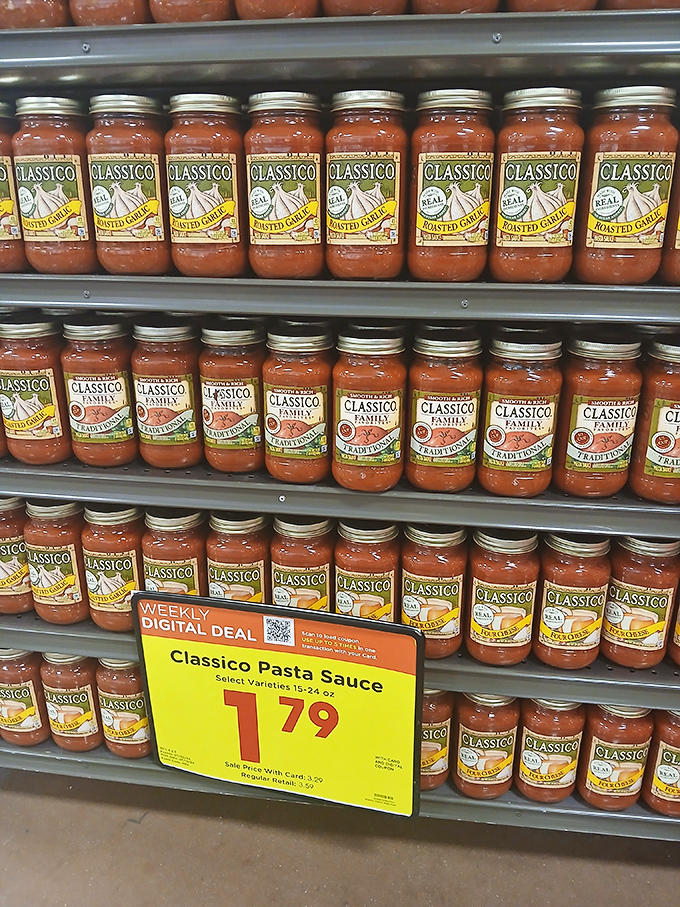 Even grocery items find their way to Valley Thrift. Classico sauce jars stand in perfect formation like an Italian culinary army at attention.