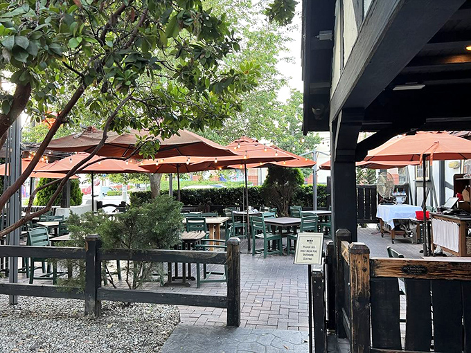 The patio area provides a leafy respite from Los Angeles hustle, where umbrellas create islands of shade perfect for lingering over lunch.