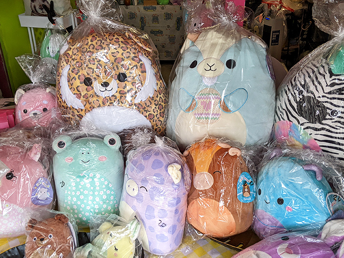Stuffed animal adoption center where these huggable creatures wait patiently for someone to take them home. No feeding required!