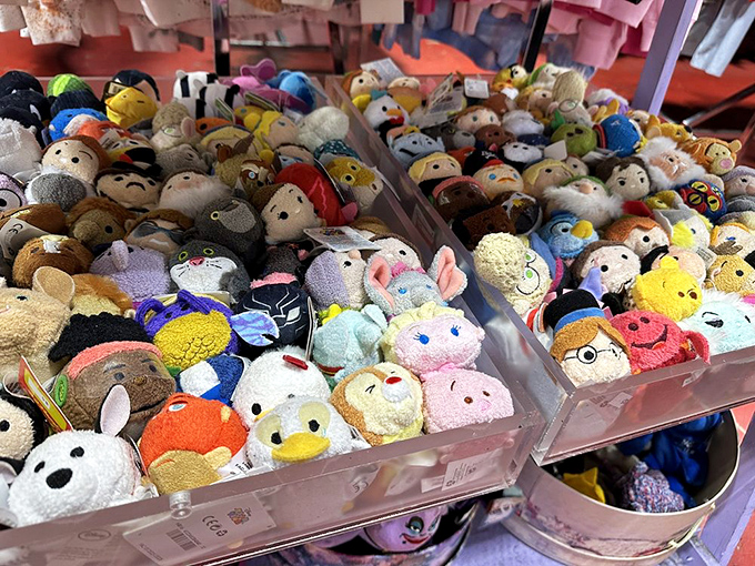 Tsum Tsum heaven! These adorable stackable plushies create a colorful sea of characters. Spot your favorite and try resisting the urge to adopt.