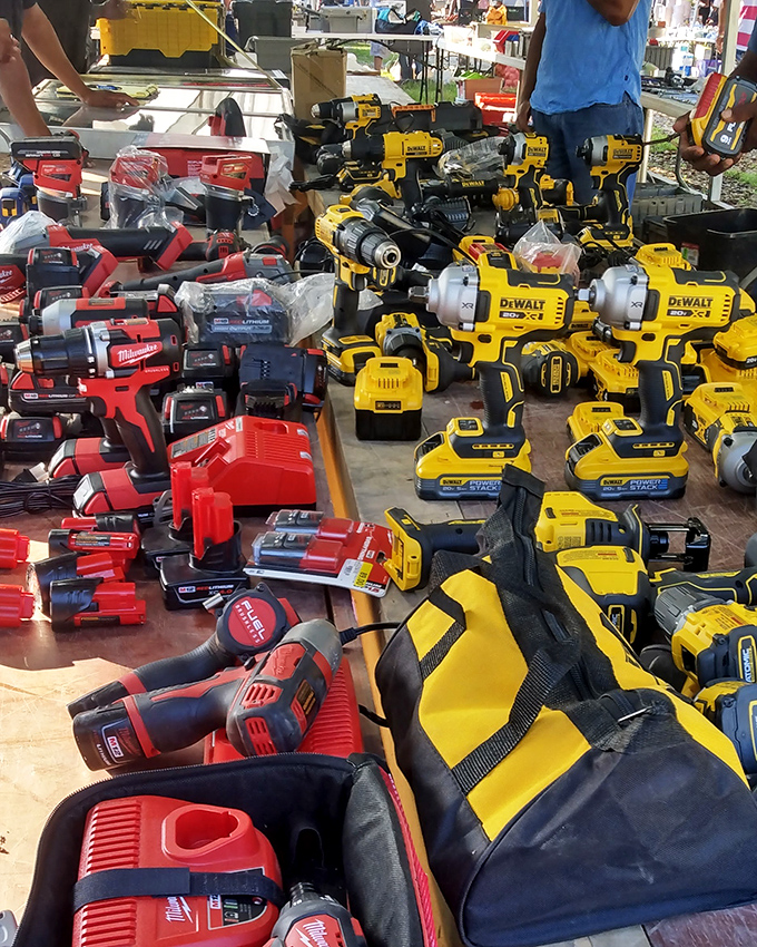 Tool paradise for the DIY dreamer. This yellow and red sea of power tools has enough voltage to fuel a home renovation revolution.