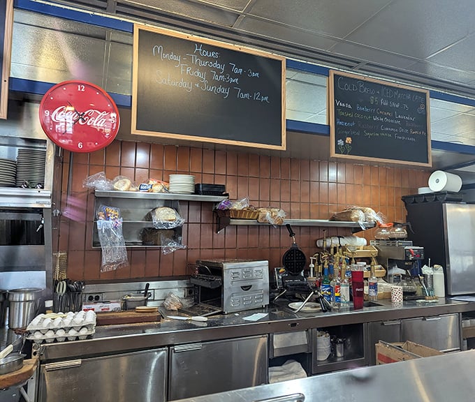 Behind the scenes where breakfast magic happens. Those blackboards aren't just menus&mdash;they're promises of deliciousness to come.