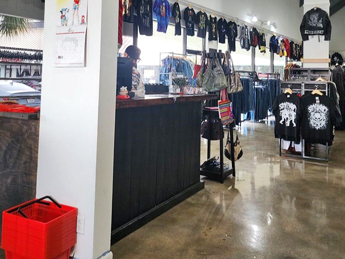 The checkout counter doubles as command central for this carefully curated universe of secondhand treasures. Even the red shopping basket looks vintage-cool.