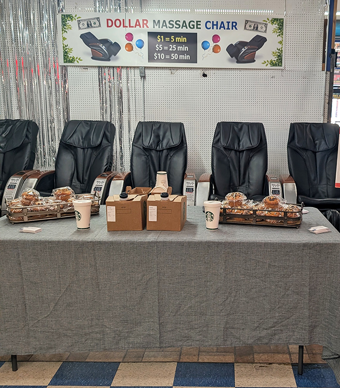 The dollar massage chairs&mdash;where shopping fatigue meets affordable relief. Five minutes of mechanical kneading and you're ready for round two of bargain hunting.