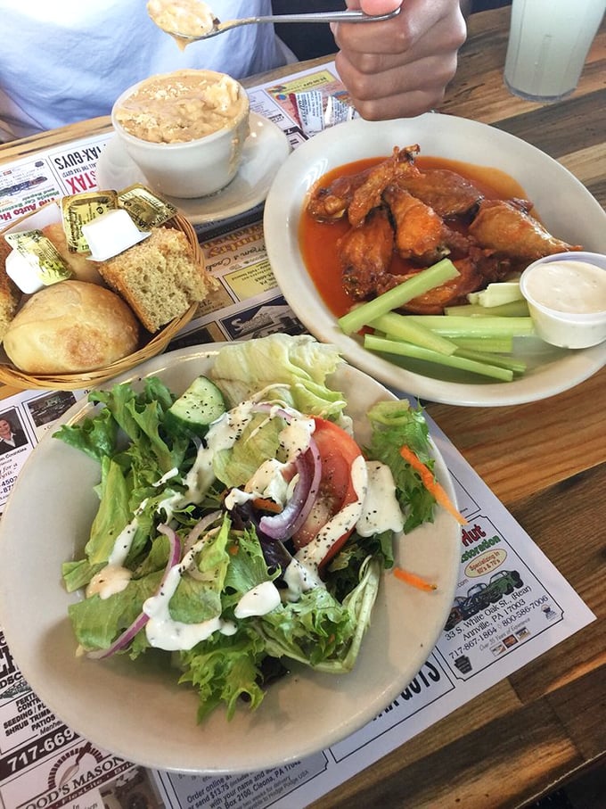 A meal that covers all bases&mdash;wings, salad, and bread. Like a baseball triple play, but for your taste buds.