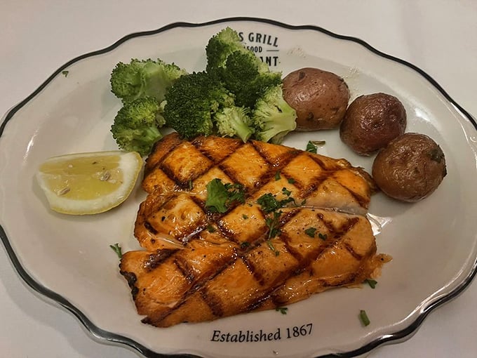 Salmon grilled with perfect crosshatch marks that would make a geometry teacher weep with joy. Simple food done extraordinarily well.