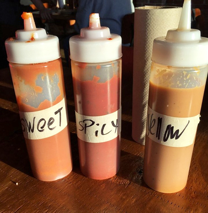 The sauce trinity: Sweet, Spicy, and Yellow. Like choosing between children, each has qualities that make it impossible to pick a favorite.