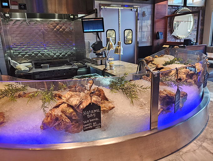 The raw bar display that makes you realize why they call it "seafood theater." Fresh catches on ice, dramatically lit like Broadway stars.