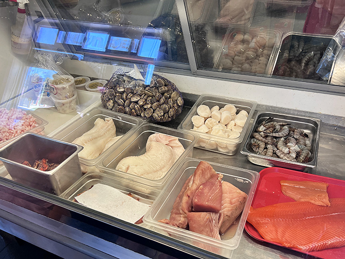 The fish market display case&mdash;where tomorrow's dinner meets today's lunch. An underwater treasure chest of Pacific delights.