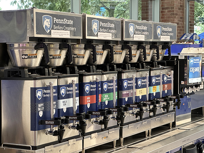 The milk dispensers stand at attention like dairy soldiers, ready to serve the thirsty masses with liquid perfection.