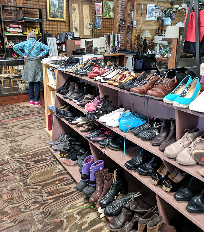 The shoe section: where Italian leather loafers and barely-worn sneakers wait for second chances at sidewalk adventures.